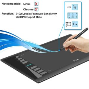 Graphics Drawing Tablets, UGEE M708 10 x 6 inch Large Active Area Drawing Tablet with 8 Hot Keys 8192 Levels Pen Graphic Tablets for Computer Digital Art Creation Sketch for Windows Mac os and Linux