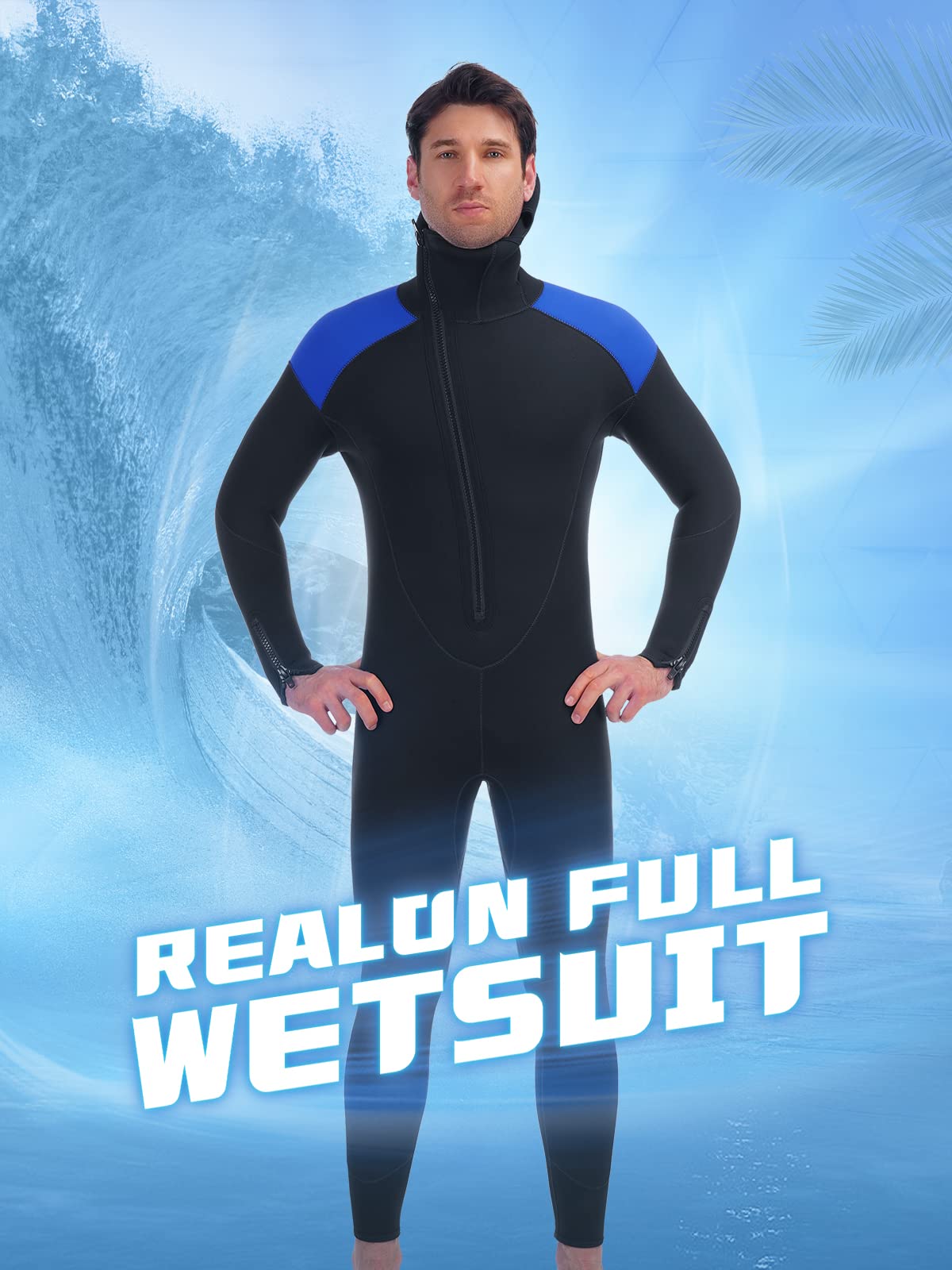 REALON Mens Wetsuit 5mm Neoprene Diving Suit Full Body Long Sleeve Front Zip Hoodie Thermal Wet Suits Winter Keep Warm in Cold Water for Freediving Spearfishing Scuba Snorkeling (5mm, 3X-Large)