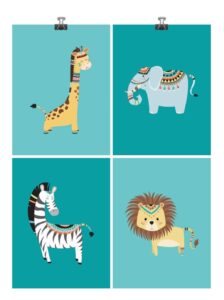 tribal safari nursery prints - boho nursery art print set of 4 - lion, elephant, zebra & giraffe - multiple sizes