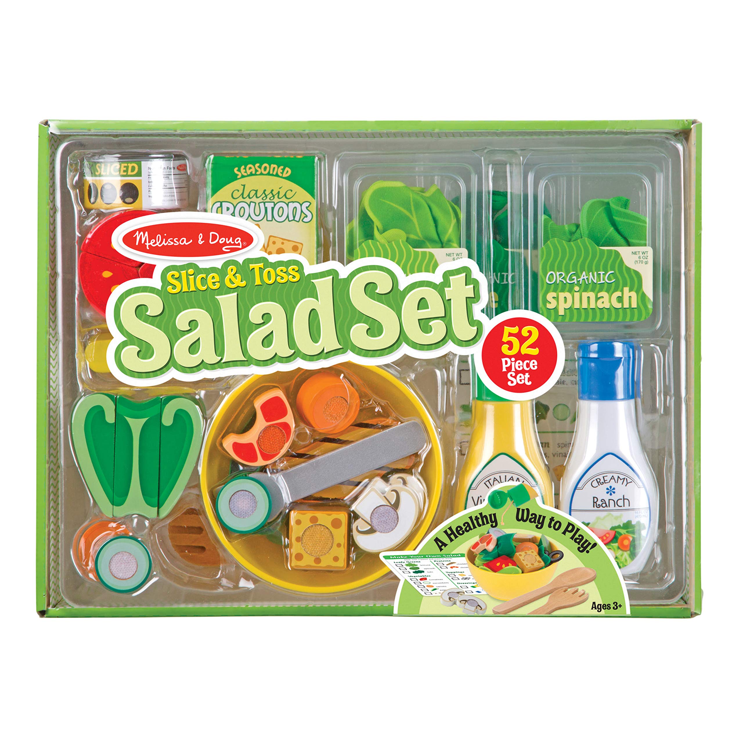 Melissa & Doug Slice and Toss Salad Play Set – 52 Wooden and Felt Pieces , Green - Pretend Food, Kitchen Accessories For Kids Ages 3+