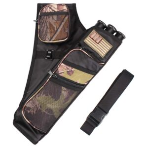 kratarc 3-tubes hip quiver waist hanged arrow archery carry bag with pockets adjustable belt (black) (camo)