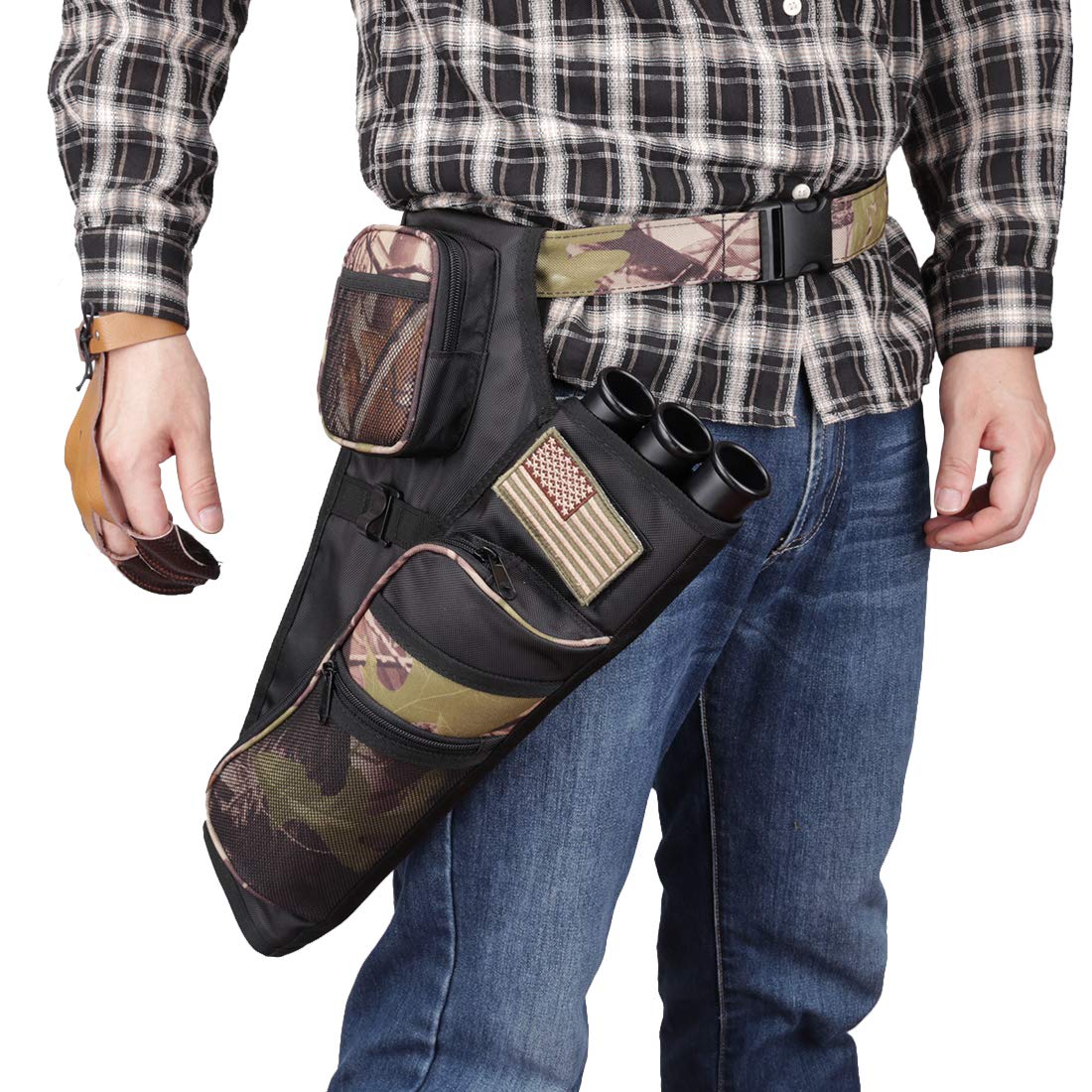 KRATARC 3-Tubes Hip Quiver Waist Hanged Arrow Archery Carry Bag with Pockets Adjustable Belt (Black) (Camo)