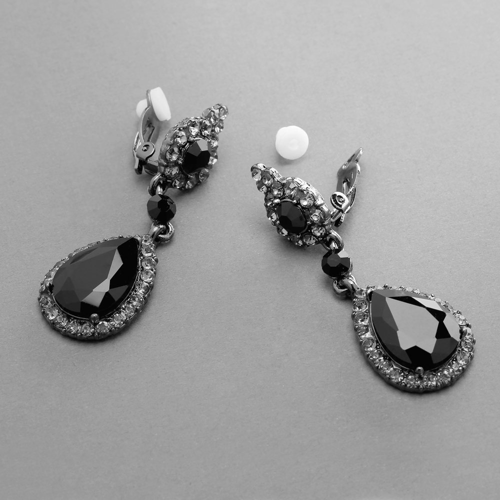 Mariell Black Crystal Teardrop Dangle Clip-On Earrings, Jewlery for Brides, Bridesmaids, Prom and Wedding