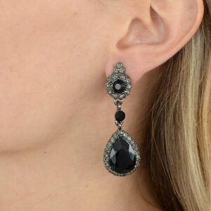 Mariell Black Crystal Teardrop Dangle Clip-On Earrings, Jewlery for Brides, Bridesmaids, Prom and Wedding