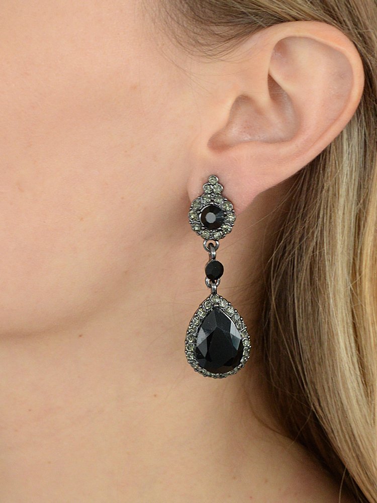 Mariell Black Crystal Teardrop Dangle Clip-On Earrings, Jewlery for Brides, Bridesmaids, Prom and Wedding