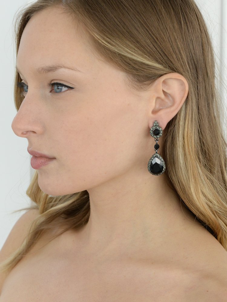 Mariell Black Crystal Teardrop Dangle Clip-On Earrings, Jewlery for Brides, Bridesmaids, Prom and Wedding