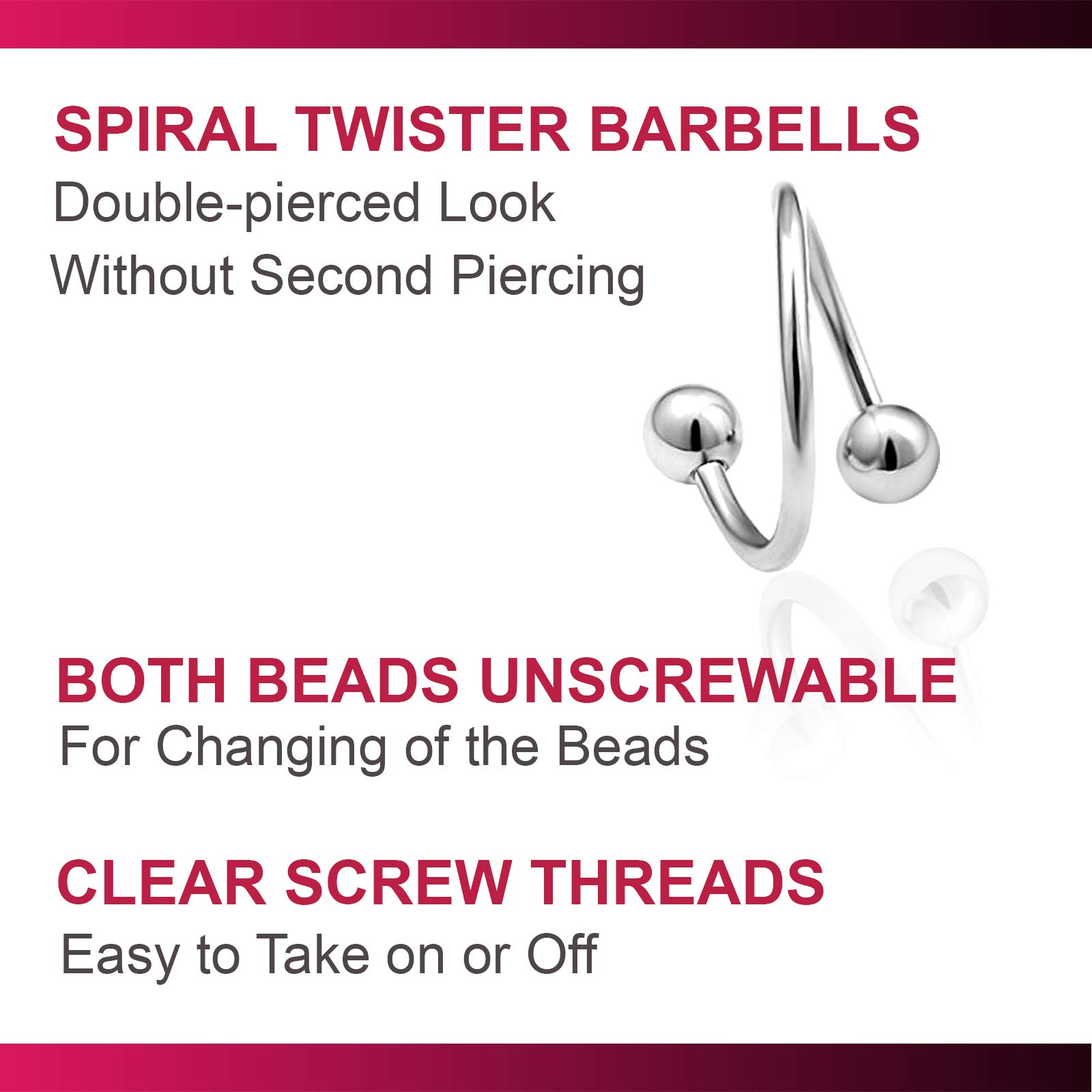 bodyjewellery 4pcs 16g Spiral Barbell Cartilage Earring Lip Tragus Eyebrow Hoop Helix Twisted Bar Surgical Steel Studs 4mm Balls - 12mm