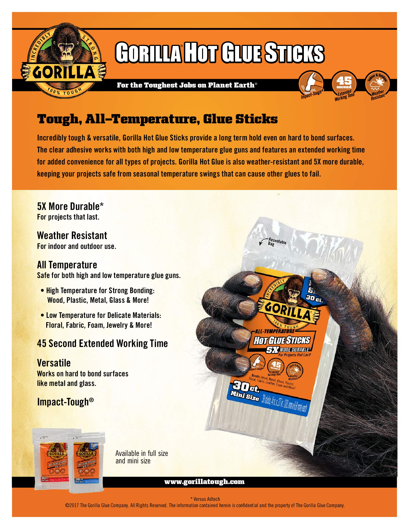 Gorilla Hot Glue Sticks, Full Size, 4" Long x .43" Diameter, 30 Count, Clear, (Pack of 3)