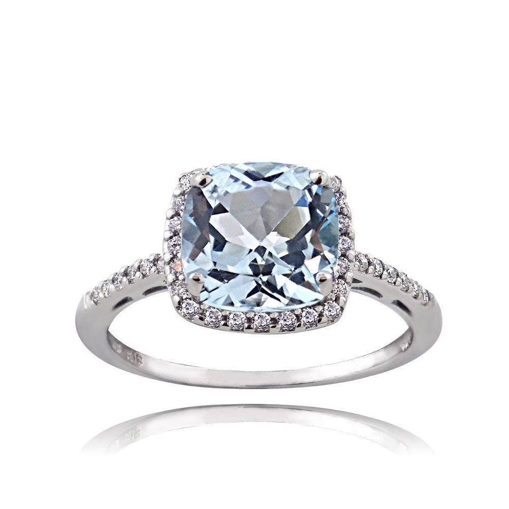 Ice Gems Sterling Silver Blue Topaz and Cubic Zirconia Cushion-Cut Halo Ring, Size 8