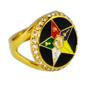 order of the eastern star ring - gold color black orb steel band with oes symbol. masonic rings / oes jewelry (size 8)