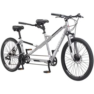 schwinn twinn classic tandem adult beach cruiser bike, double seater, low step aluminum frame, 21-speed, 650c urban tires, alloy caliper brakes, medium frame, grey