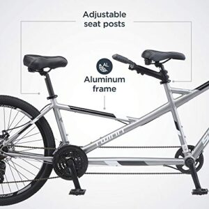 Schwinn Twinn Classic Tandem Adult Beach Cruiser Bike, Double Seater, Low Step Aluminum Frame, 21-Speed, 650c Urban Tires, Alloy Caliper Brakes, Medium Frame, Grey