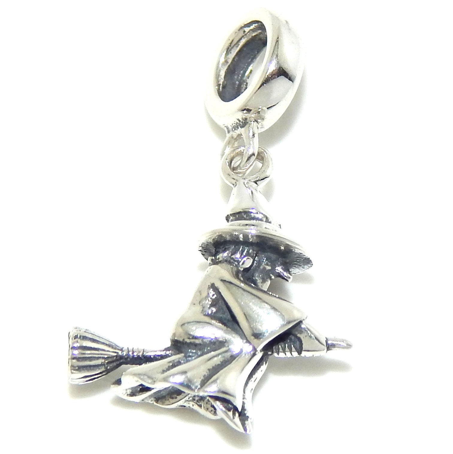 ICYROSE Solid 925 Sterling Silver Dangling Witch on a Broomstick Charm Bead 427 for European Snake Chain Bracelets