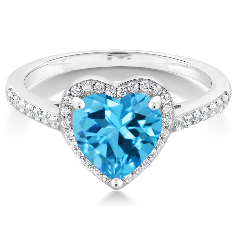 Gem Stone King 925 Sterling Silver Swiss Blue Topaz Women Engagement Ring (2.21 Cttw, Heart Shape 8MM, Available In Size 5,6,7,8,9)