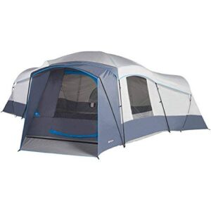 spacious family sized 16-person weather resistant ozark trail 23.5' x 18.5' cabin camping tent, gray and blue