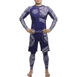 Hardcore Training Ta Moko Men's Rash Guard Compression Long Sleeve MMA No-Gi Tight BJJ Grappling Base Layer Fitness Blue White