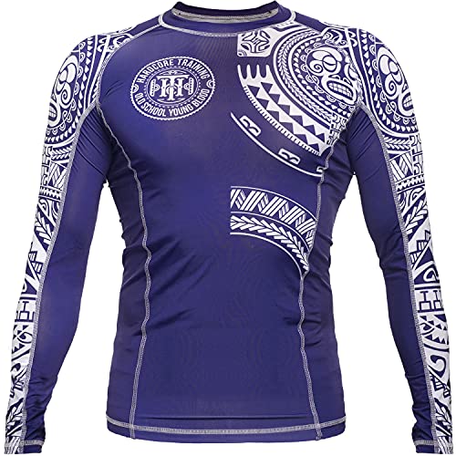 Hardcore Training Ta Moko Men's Rash Guard Compression Long Sleeve MMA No-Gi Tight BJJ Grappling Base Layer Fitness Blue White