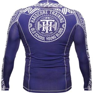 Hardcore Training Ta Moko Men's Rash Guard Compression Long Sleeve MMA No-Gi Tight BJJ Grappling Base Layer Fitness Blue White