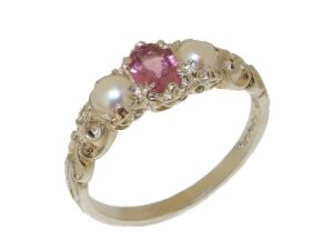 letsbuygold 925 sterling silver real genuine pink tourmaline & cultured pearl womens band ring - size 7