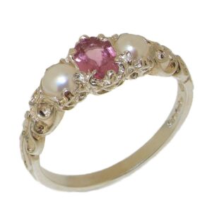 LetsBuyGold 925 Sterling Silver Real Genuine Pink Tourmaline & Cultured Pearl Womens Band Ring - Size 7