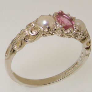 LetsBuyGold 925 Sterling Silver Real Genuine Pink Tourmaline & Cultured Pearl Womens Band Ring - Size 7