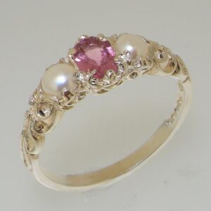 LetsBuyGold 925 Sterling Silver Real Genuine Pink Tourmaline & Cultured Pearl Womens Band Ring - Size 7