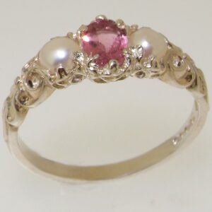 LetsBuyGold 925 Sterling Silver Real Genuine Pink Tourmaline & Cultured Pearl Womens Band Ring - Size 7