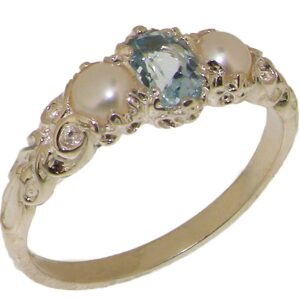 LetsBuyGold 925 Sterling Silver Real Genuine Aquamarine & Cultured Pearl Womens Trilogy Ring - Size 11