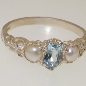 LetsBuyGold 925 Sterling Silver Real Genuine Aquamarine & Cultured Pearl Womens Trilogy Ring - Size 11