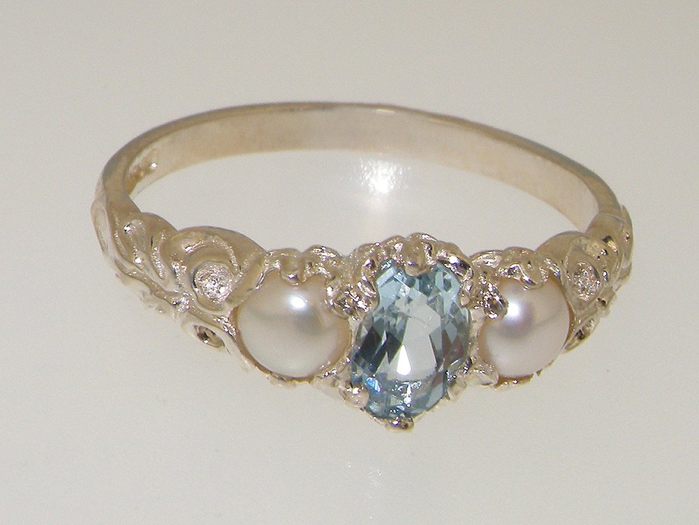 LetsBuyGold 925 Sterling Silver Real Genuine Aquamarine & Cultured Pearl Womens Trilogy Ring - Size 11