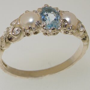 LetsBuyGold 925 Sterling Silver Real Genuine Aquamarine & Cultured Pearl Womens Trilogy Ring - Size 11