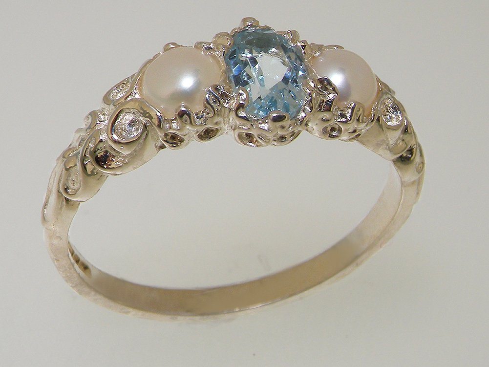 LetsBuyGold 925 Sterling Silver Real Genuine Aquamarine & Cultured Pearl Womens Trilogy Ring - Size 11