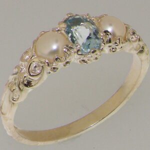 LetsBuyGold 925 Sterling Silver Real Genuine Aquamarine & Cultured Pearl Womens Trilogy Ring - Size 11