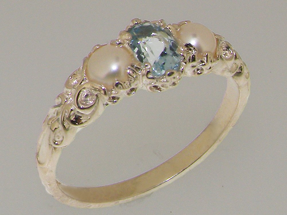 LetsBuyGold 925 Sterling Silver Real Genuine Aquamarine & Cultured Pearl Womens Trilogy Ring - Size 11