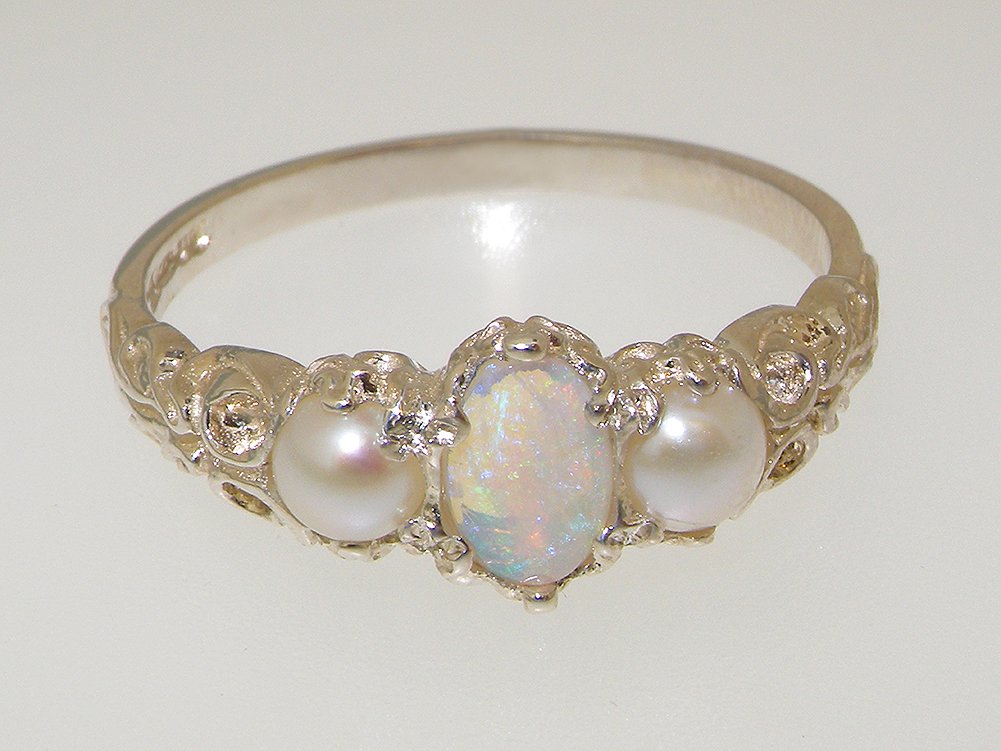 LetsBuyGold 10k White Gold Natural Opal & Cultured Pearl Womens Promise Ring - Size 6.5