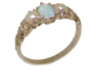 letsbuygold 10k white gold natural opal & cultured pearl womens promise ring - size 6.5