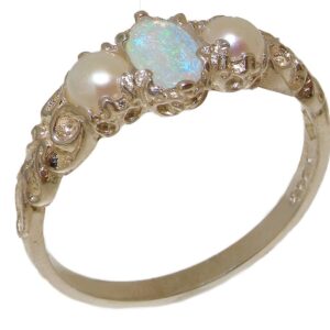 LetsBuyGold 10k White Gold Natural Opal & Cultured Pearl Womens Promise Ring - Size 6.5