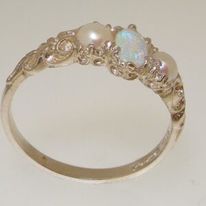 LetsBuyGold 10k White Gold Natural Opal & Cultured Pearl Womens Promise Ring - Size 6.5