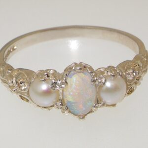 LetsBuyGold 925 Sterling Silver Natural Opal & Cultured Pearl Womens Trilogy Ring - Size 6.75