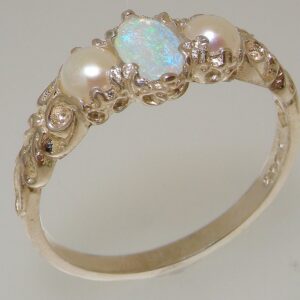 LetsBuyGold 925 Sterling Silver Natural Opal & Cultured Pearl Womens Trilogy Ring - Size 6.75