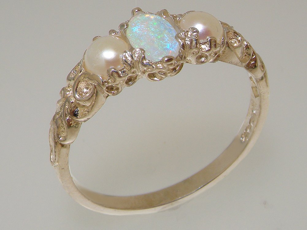 LetsBuyGold 925 Sterling Silver Natural Opal & Cultured Pearl Womens Trilogy Ring - Size 6.75