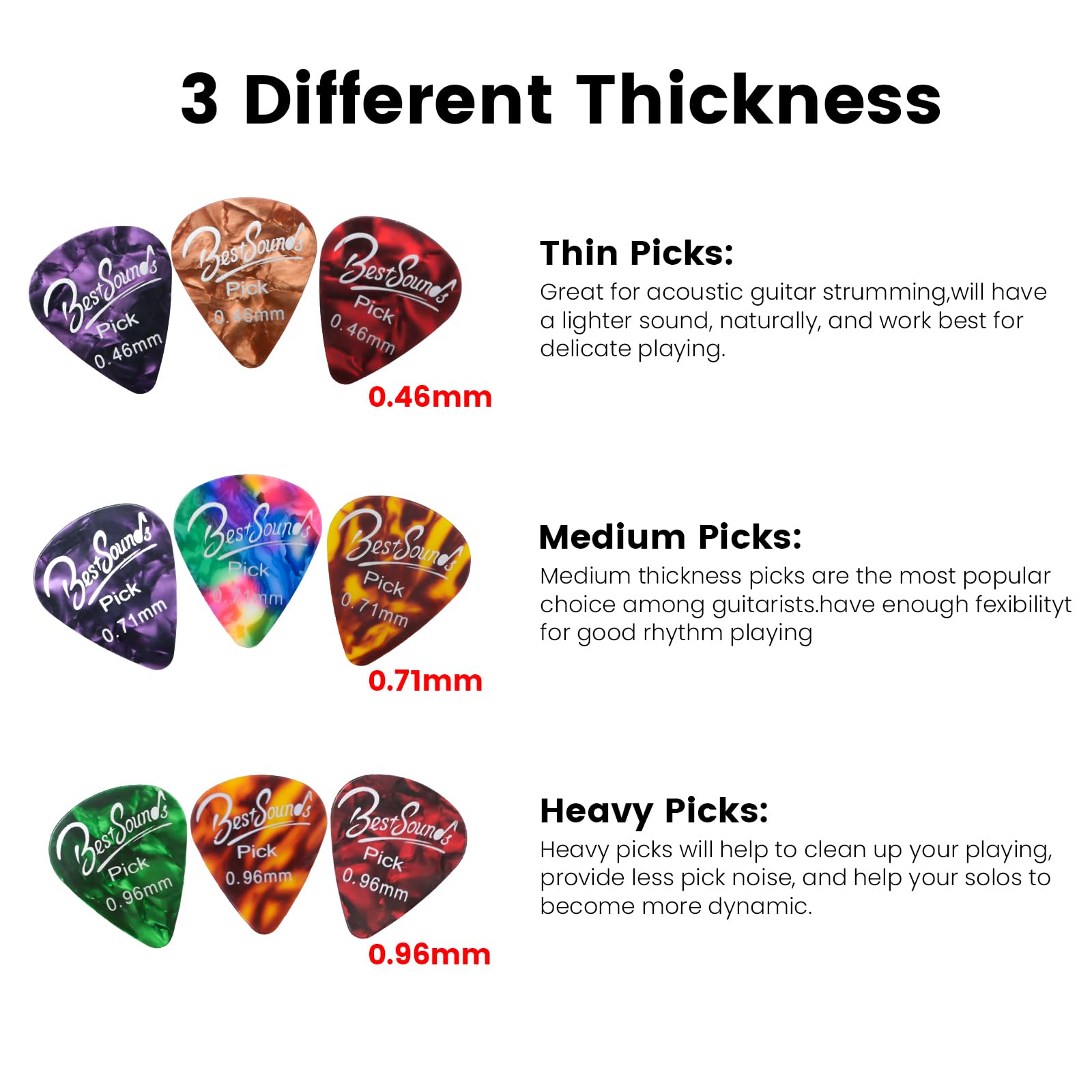 48PCS Guitar Picks, [Thin/Medium/Heavy] Variety Pack Celluloid Pearl Guitar Picks for Acoustic, Electric or Bass Guitars 0.46 mm/0.71 mm/ 0.96 mm, Random Colors(Thin/Medium/Heavy)