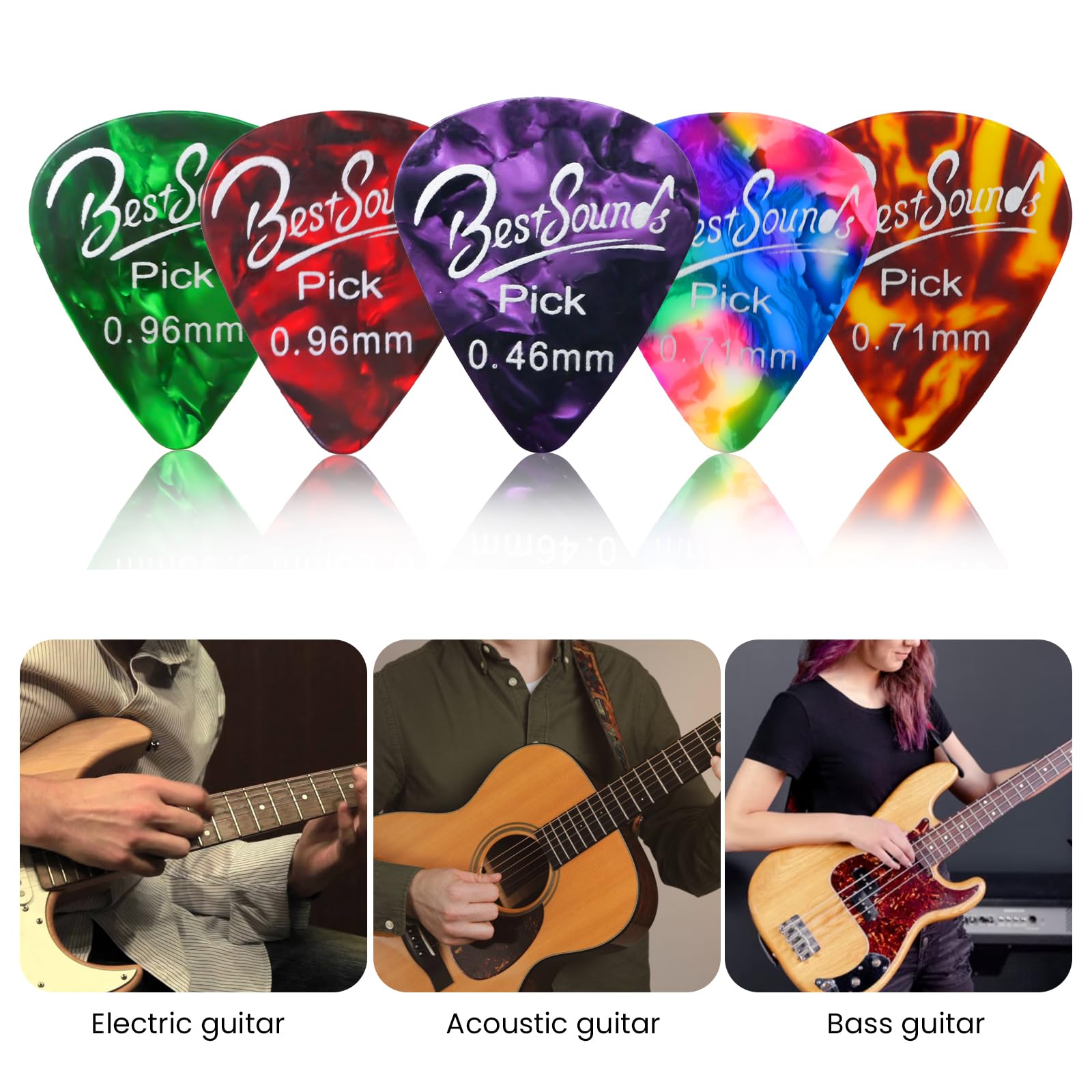 48PCS Guitar Picks, [Thin/Medium/Heavy] Variety Pack Celluloid Pearl Guitar Picks for Acoustic, Electric or Bass Guitars 0.46 mm/0.71 mm/ 0.96 mm, Random Colors(Thin/Medium/Heavy)