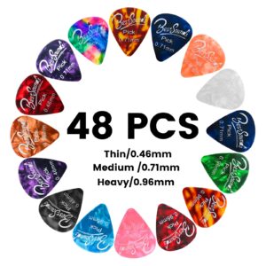 48PCS Guitar Picks, [Thin/Medium/Heavy] Variety Pack Celluloid Pearl Guitar Picks for Acoustic, Electric or Bass Guitars 0.46 mm/0.71 mm/ 0.96 mm, Random Colors(Thin/Medium/Heavy)