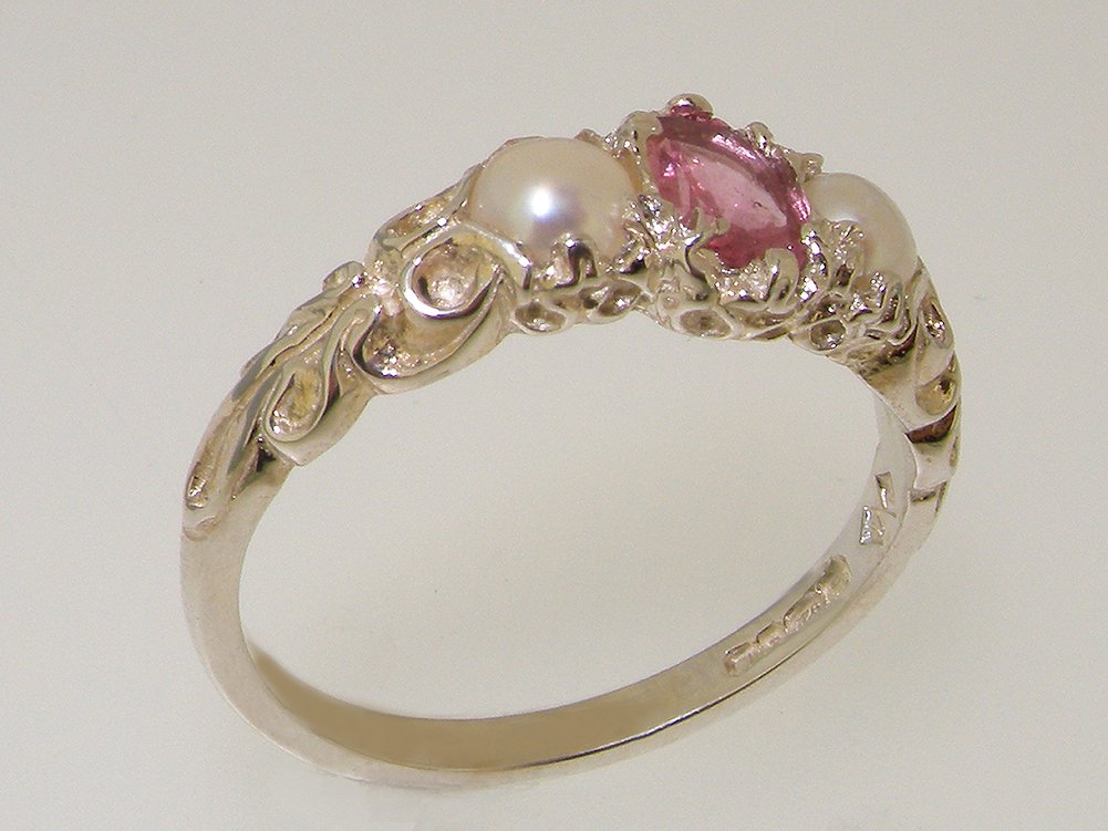 LetsBuyGold 925 Sterling Silver Natural Pink Tourmaline & Cultured Pearl Womens Anniversary Ring - Size 8.25