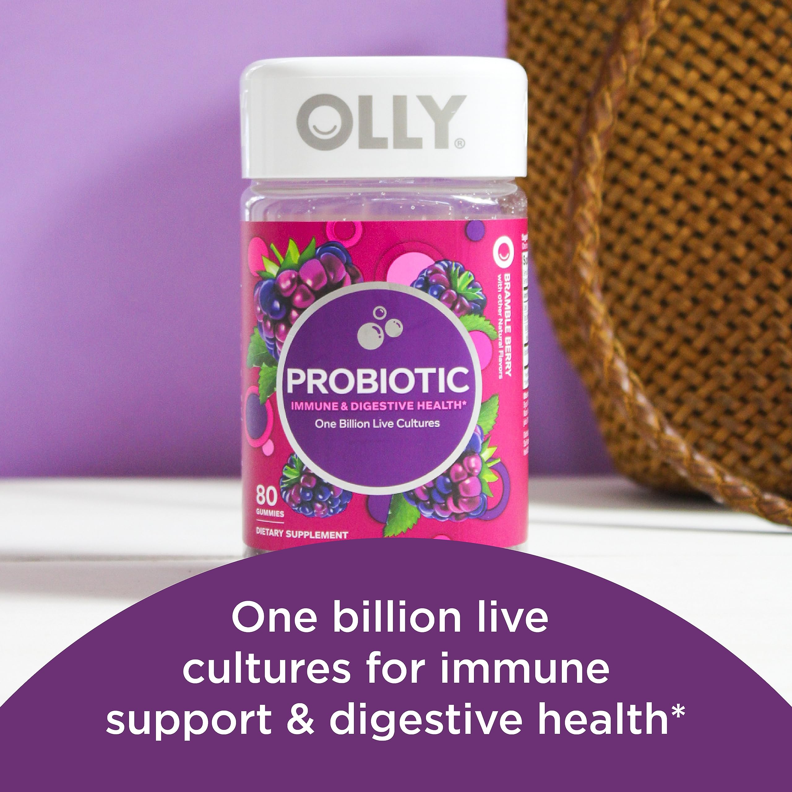 OLLY Probiotic Gummy, Immune and Digestive Support, 1 Billion CFUs, Chewable Probiotic Supplement, Berry, 40 Day Supply - 80 Count