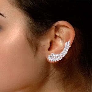 Big Angel Wing Ear Crawler Earrings Cubic Zirconia in 14k White Gold Over Sterling Silver