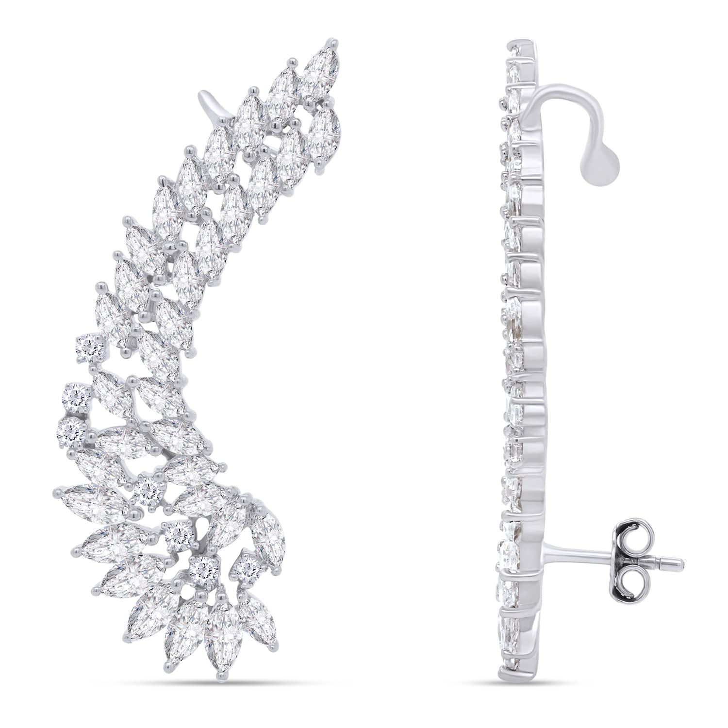 Big Angel Wing Ear Crawler Earrings Cubic Zirconia in 14k White Gold Over Sterling Silver