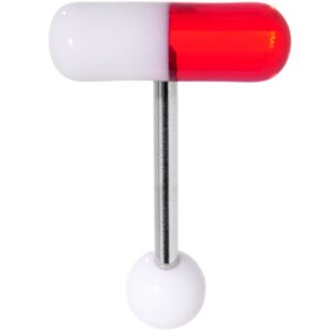 body candy stainless steel red white acrylic capsule pill top barbell tongue ring