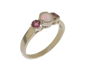 letsbuygold 925 sterling silver natural opal & pink tourmaline womens trilogy ring - size 9.5